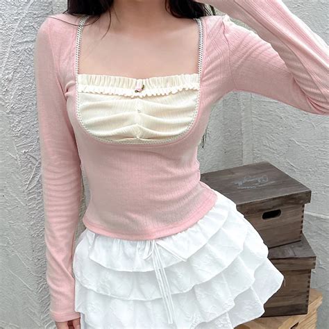 Contrast Color Pleated Square Neck Long Sleeve Top