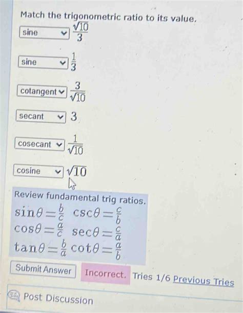 Solved Match The Trigonometric Ratio To Its Value Sine Sqrt