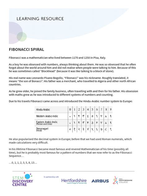 Stem Discovery Centre Learning Resource 12 Fibonacci Spiral Pdf