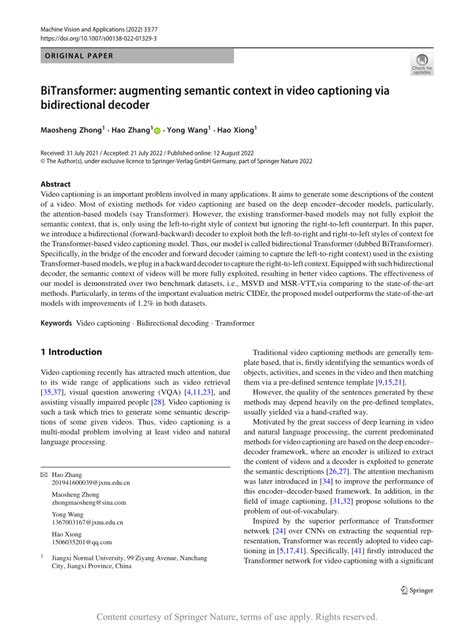 Bitransformer Augmenting Semantic Context In Video Captioning Via