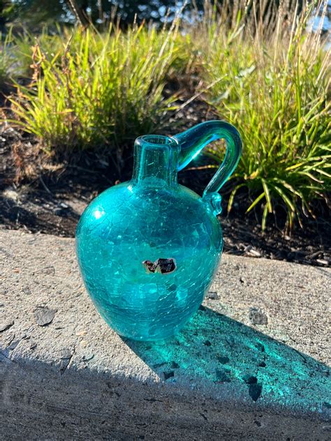 Vintage Hand Blown Teal Blue Crackle Glass Etsy