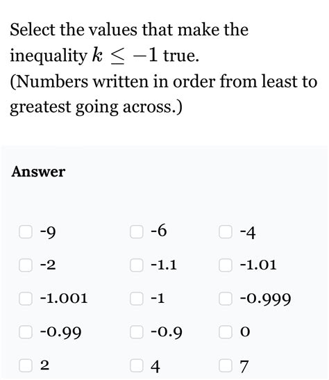 Solved Select The Values That Make The Inequality K≤ 1 True Numbers Written In Order From Le
