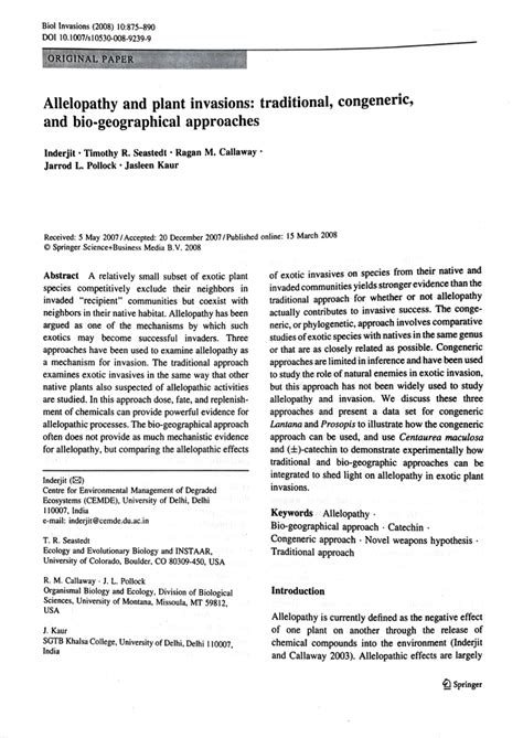 Pdf Allelopathy And Plant Invasions Traditional Congeneric And Bio Geographical Approaches