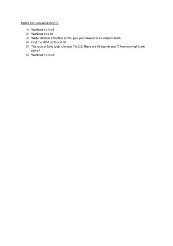 Maths Revision Worksheet 5 Teaching Resources