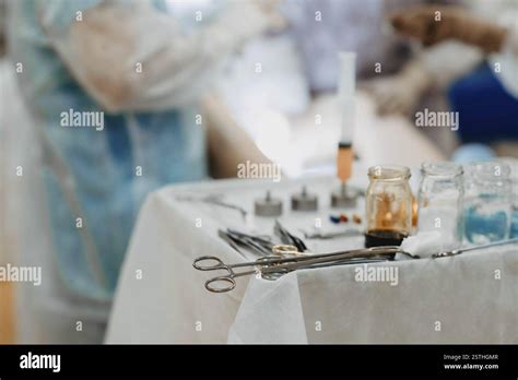 A Variety Of Surgical Tools And Syringes Are Laid Out On A Medical