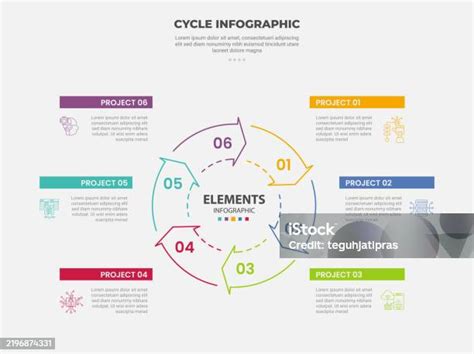 슬라이드 프리젠테이션을 위해 중앙에 원형 화살표 모양 베이스가 있는 6포인트 템플릿이 있는 사이클 베이스 인포그래픽 개요 스타일 개념에 대한 스톡 벡터 아트 및 기타 이미지