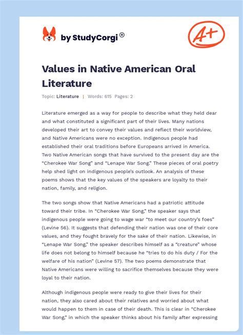 Values In Native American Oral Literature Free Essay Example