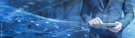 Businessman Working With Tablet On Abstract Digital Background Digital Transformation And