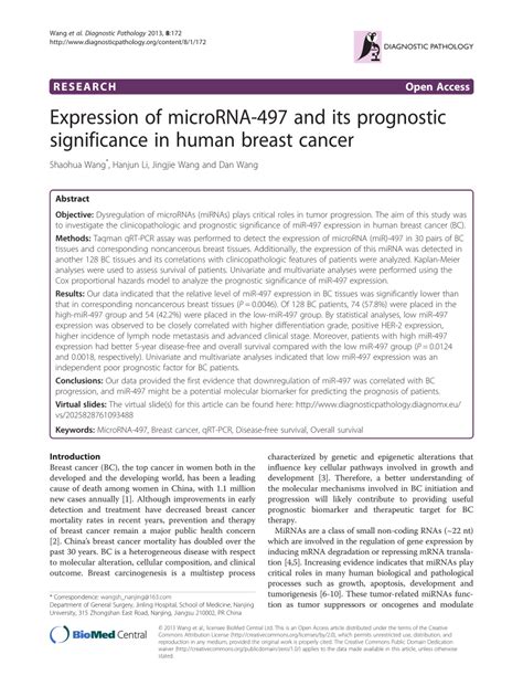 Pdf Expression Of Microrna 497 And Its Prognostic Significance In