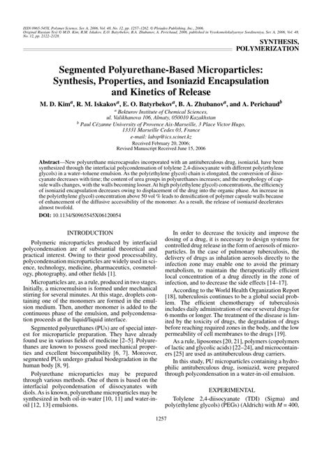 Pdf Segmented Polyurethane Based Microparticles Synthesis Properties And Isoniazid