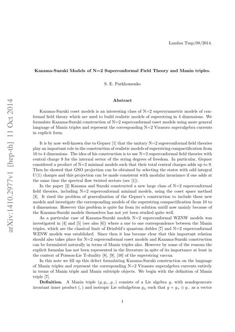 Pdf Kazama Suzuki Models Of N 2 Superconformal Field Theory And Manin Triples
