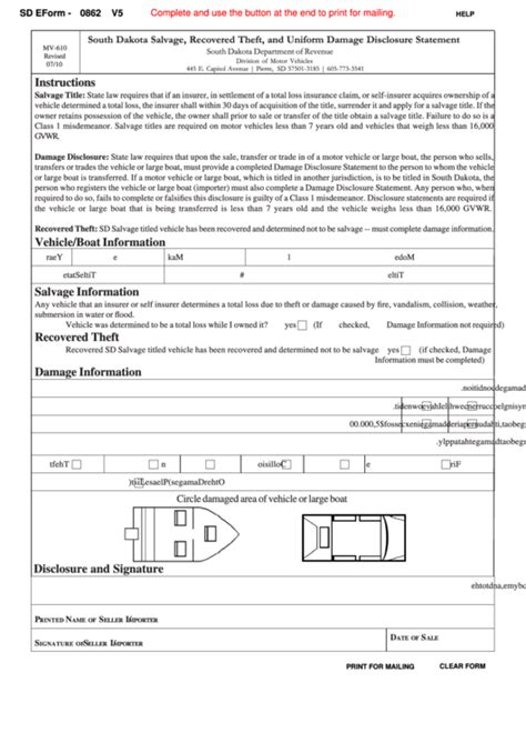 Fillable Sd Eform 0862 V5 South Dakota Salvage Recovered Theft And