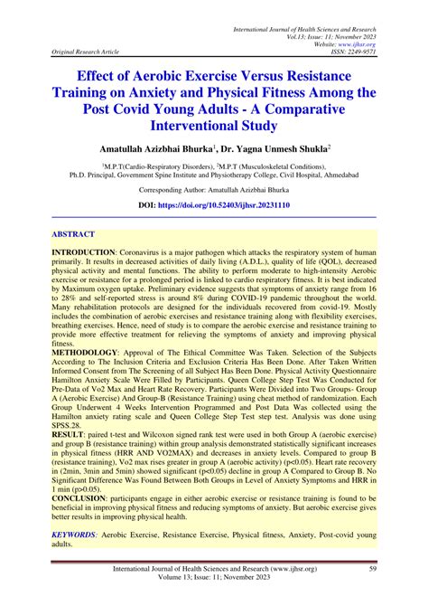 Pdf Effect Of Aerobic Exercise Versus Resistance Training On Anxiety And Physical Fitness