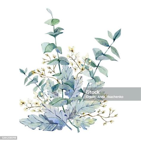 수채화 겨울 유칼립투스 가지와 잎 나뭇 가지와 마른 꽃 손으로 그린 겨울 네이비 블루 보헤미안 세련된 야생 꽃다발 결혼식 무적