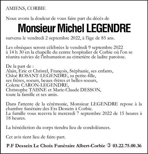Monsieur Michel LEGENDRE Pompes Funèbres Dessein