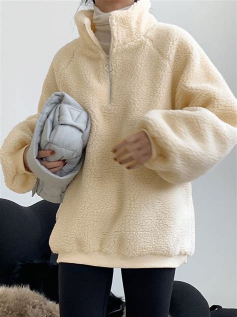 Women Fleece Casual Loose Solid Zipper Stand Collar Long Sleeve