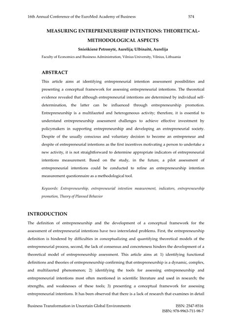 Pdf Measuring Entrepreneurship Intentions Theoretical Methodological