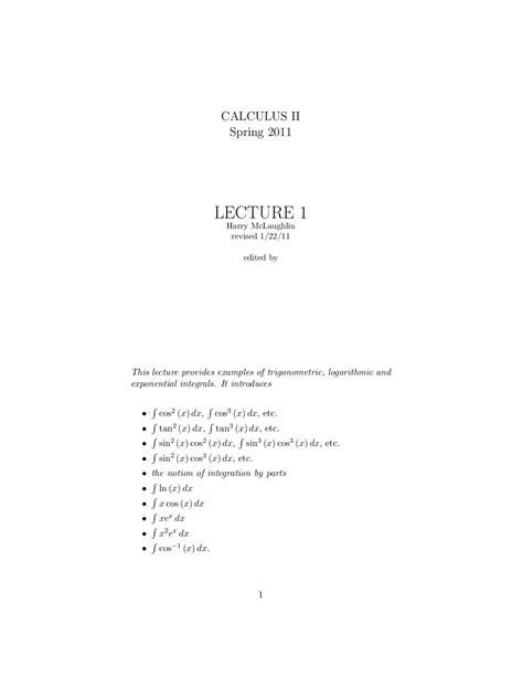 Integration Of Trigonometric Functions Calculus Ii Math 1020 Docsity