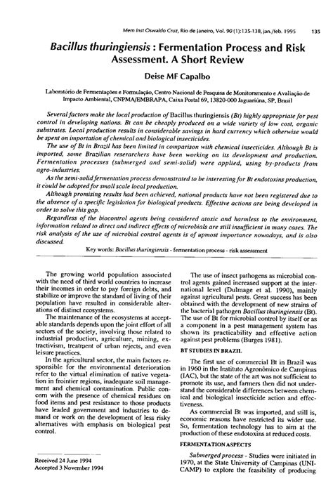 Pdf Bacillus Thuringiensis Fermentation Process And Risk Assessment A Short Review