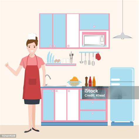 여자 및 주방 기구입니다 주방 인테리어 컨셉 가사 집안일에 대한 스톡 벡터 아트 및 기타 이미지 가사 집안일 가정 생활