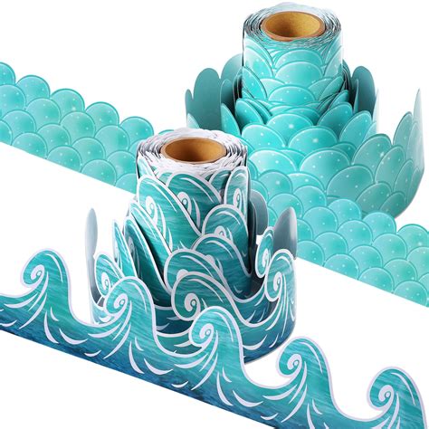 Buy Nezyo 2 Rolls Ocean Waves Bulletin Board Border 98 Feet Blue Turquoise Scallops Bulletin