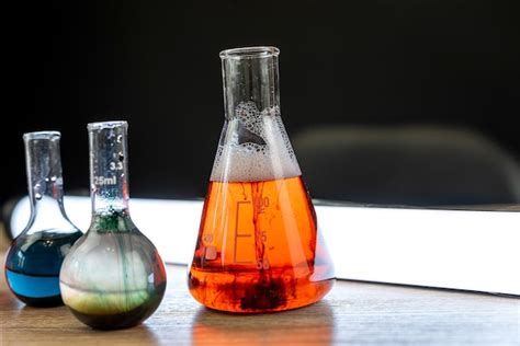 Premium Photo Science Experiment Laboratory Flasks With Different