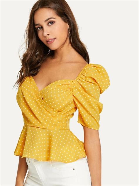 Shein Polka Dot Puff Sleeve Peplum Top Ropa Blusas De Moda Blusas