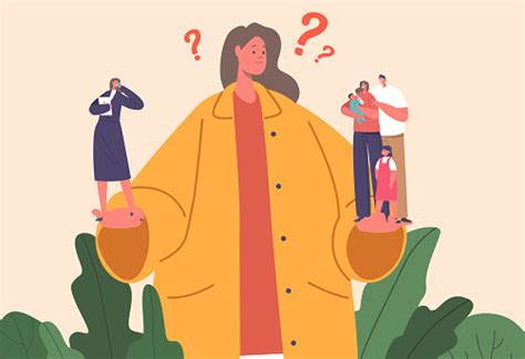 가족과 직업 사이에서 선택하는 여성 캐릭터 혼란스러운 여자 손에 들고 벡터 일러스트 레이 션 불확실성에 대한 스톡 벡터 아트 및