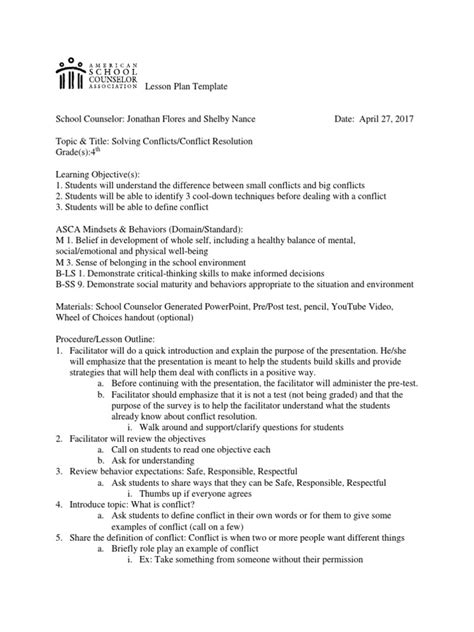 Lesson Plan Conflict Resolution Final Pdf Conflict Resolution