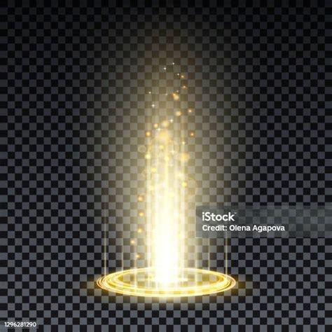 골드 홀로그램 포털 매직 판타지 포털 홀로그램 효과매직 서클 텔레포트 연단 투명한 배경에 불꽃이 있는 벡터 골드 광선 강단에 대한 스톡 벡터 아트 및 기타 이미지 Istock