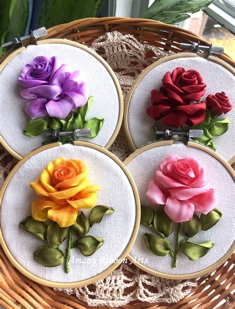 Ribbon Embroidery Rose Mini Handmade Hoop 3d Embroidery Wall Hanging