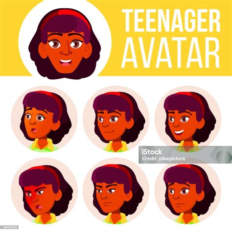하이 틴 소녀 아바타 설정된 벡터입니다 인도 힌두교 아시아 얼굴의 감정 사용자 문자입니다 응원 아주 만화 머리 그림 다양성에 대한 스톡 벡터 아트 및 기타 이미지 Istock