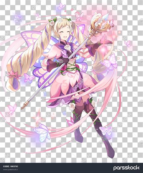 تصویر انیمه دختر زیبا با لباس بنفش نیزه و بالهای پروانه 1663763