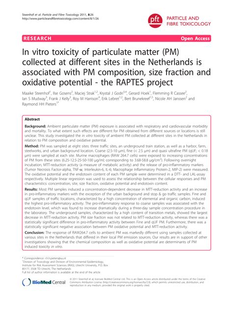 Pdf In Vitro Toxicity Of Particulate Matter Pm Collected At Different Sites In The