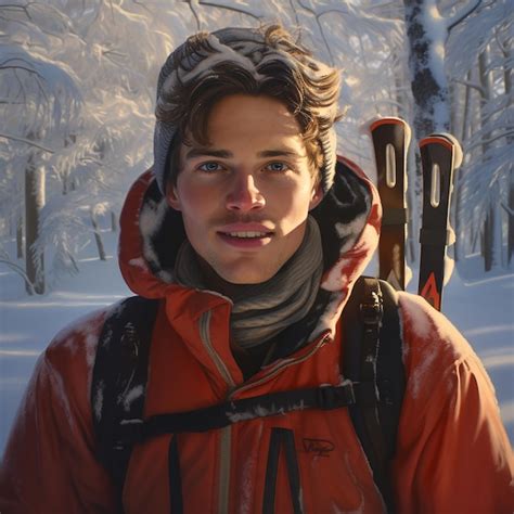 A Man Wearing A Red Jacket With Skis On His Back Premium Ai Generated