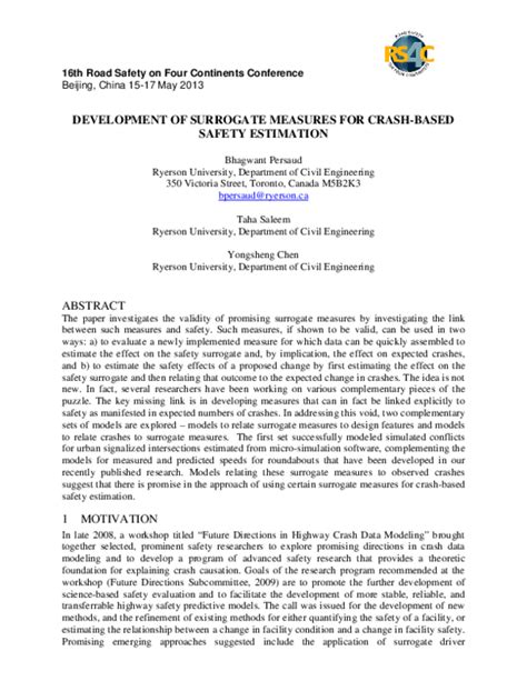 Pdf Development Of Surrogate Measures For Crash Based Safety Estimation