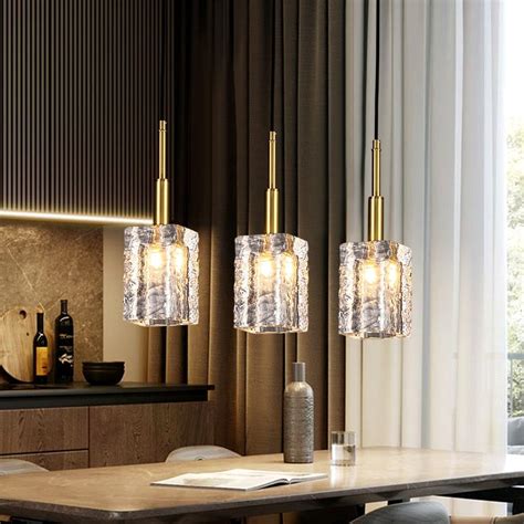 Rectangle Glass Crystal Copper Gold Pendant Light Elegant