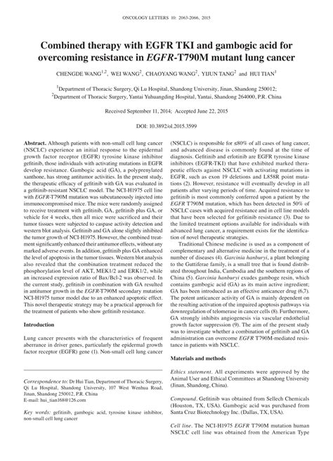 Pdf Combined Therapy With Egfr Tki And Gambogic Acid For Overcoming