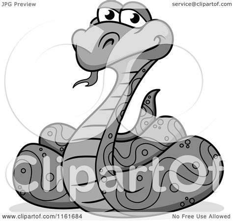 Cartoon Of A Grayscale Happy Coiled Python Snake Royalty Free Vector Clipart By Vector