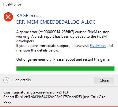 RAGE Error ERR MEM EMBEDDEDALLOC ALLOC New Error Today FiveM