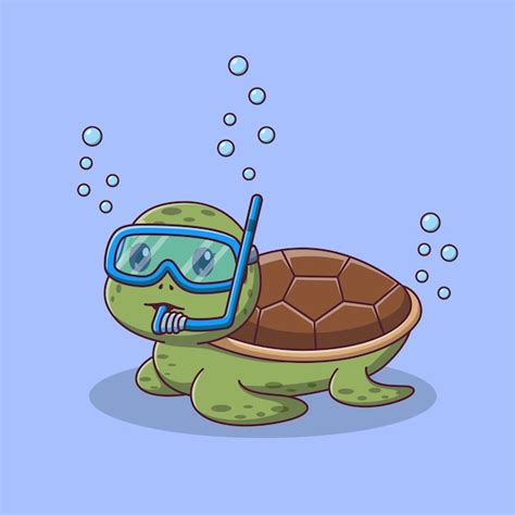 바다에서 귀여운 거북이 만화 스노클링 거북이 아이콘 개념 프리미엄 벡터
