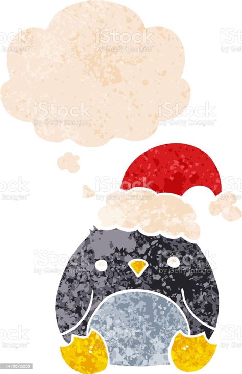 귀여운 만화 펭귄은 그런 지 고민 복고풍 질감 스타일에 생각 거품과 크리스마스 모자를 쓰고 귀여운에 대한 스톡 벡터 아트 및 기타 이미지 귀여운 그런지 이미지 기법