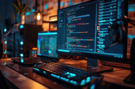 Modern Office Setup With Two Computer Monitors And A Keyboard Perfect For Multitasking Or