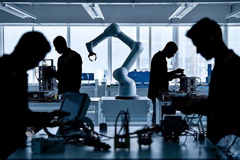 High Tech Lab With Engineers Programming And Assembling Robots