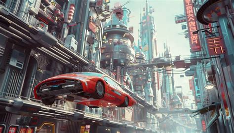 Retro Futuristic Flying Car Over A Metropolis Stock Illustration