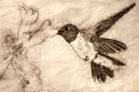 Sketch Of A Black Chinned Hummingbird Searching For Nectar Among The Blue Flowers Stock Photo