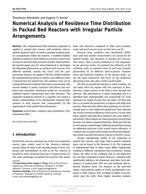 Pdf Numerical Analysis Of Residence Time Distribution In Packed Bed Reactors With Irregular