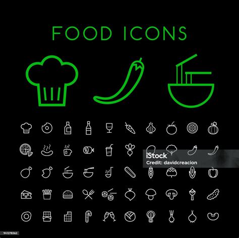 검은 배경에 50 최소한의 얇은 선 백색 음식 아이콘의 집합입니다 격리 된 벡터 요소 감자 요리에 대한 스톡 벡터 아트 및 기타 이미지 감자 요리 개체 그룹 달걀