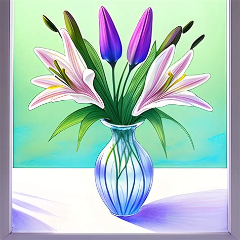Colored Pencil Draws Beautiful Lily Flowers In Frosted Glass Vas