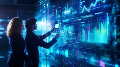 Professionals Analyzing Data Trends On A Digital Display In A Modern Workspace During Evening